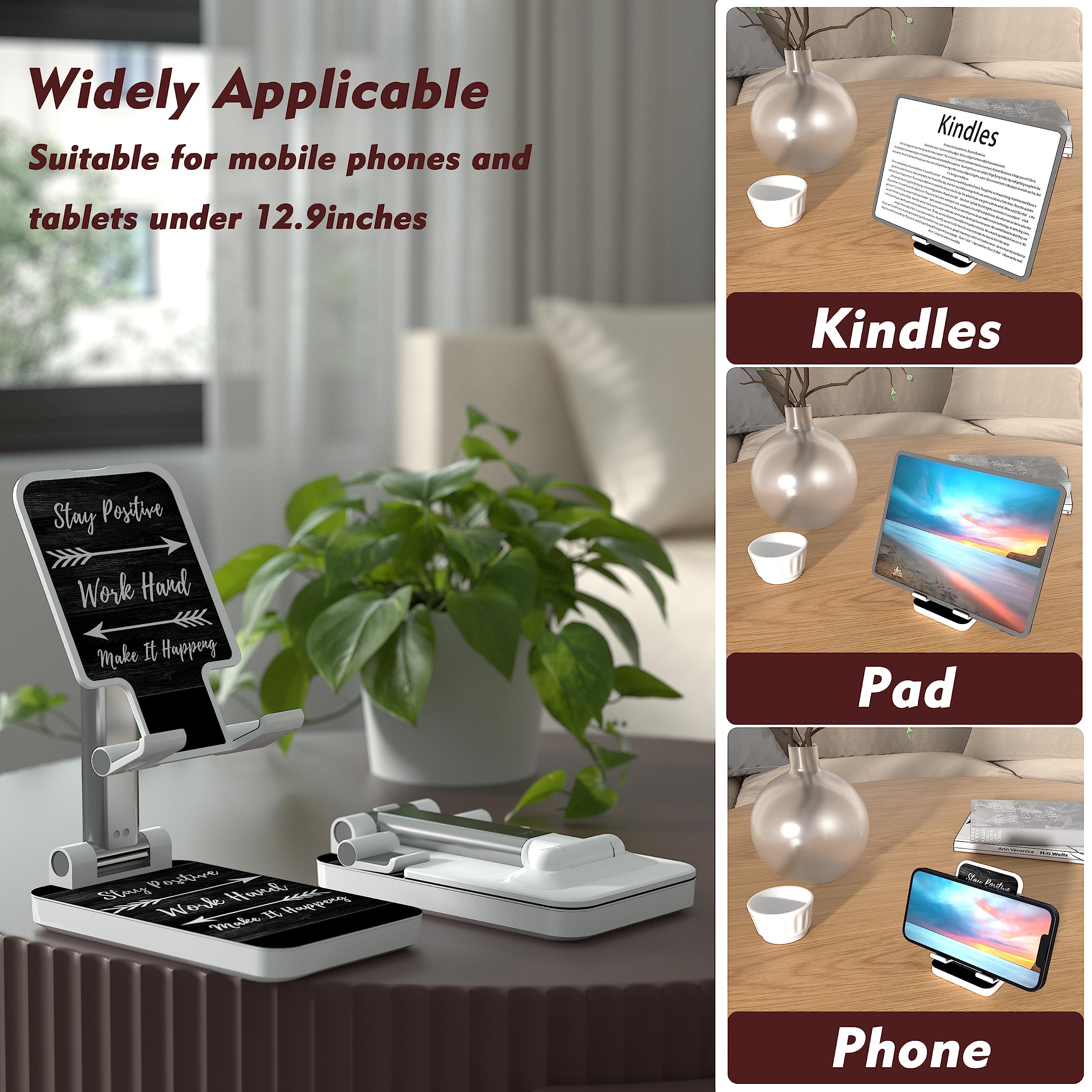 Coaott Cell Phone Stand, Adjustable Phone Stand for Desk with Foldable Phone Holder ，Suitable for iPhone Holder、Cell Phone Stand for Desk with Cute Pattern Cell Phone Holder (Work Hard)