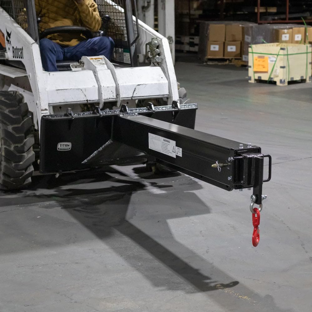 Titan Attachments Adjustable Skid Steer Industrial Crane Jib Attachment with 3 Ton Hook, Manual Telescopes 72" - 120", 5000 LB Lift Capacity at 6 FT, Single 3 Ton Swivel Eye Hook