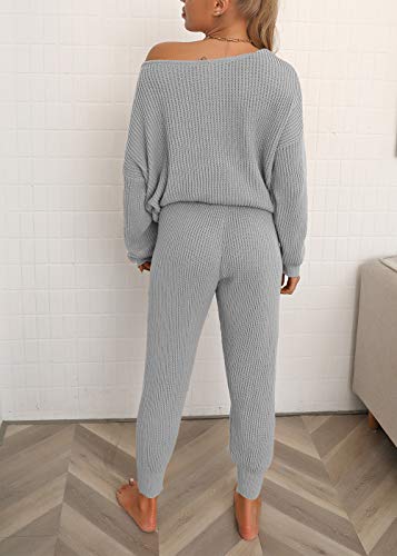 Cosygal Women's Casual Knit Sweater Loose Pullover Top and Pants 2 Piece Outfit Sets Gray Large