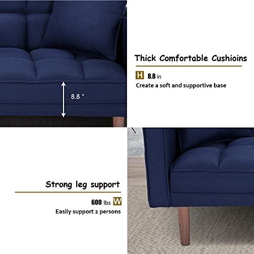 Modern Futon Sofa Bed, 75" Convertible Sleeper Sofa with Armrests and Guests w/ 2 Pillows, Recliner Couch with 5 Solid Wooden Legs, Twin Size Sofa for Living Room (Navy Blue+Fabric)