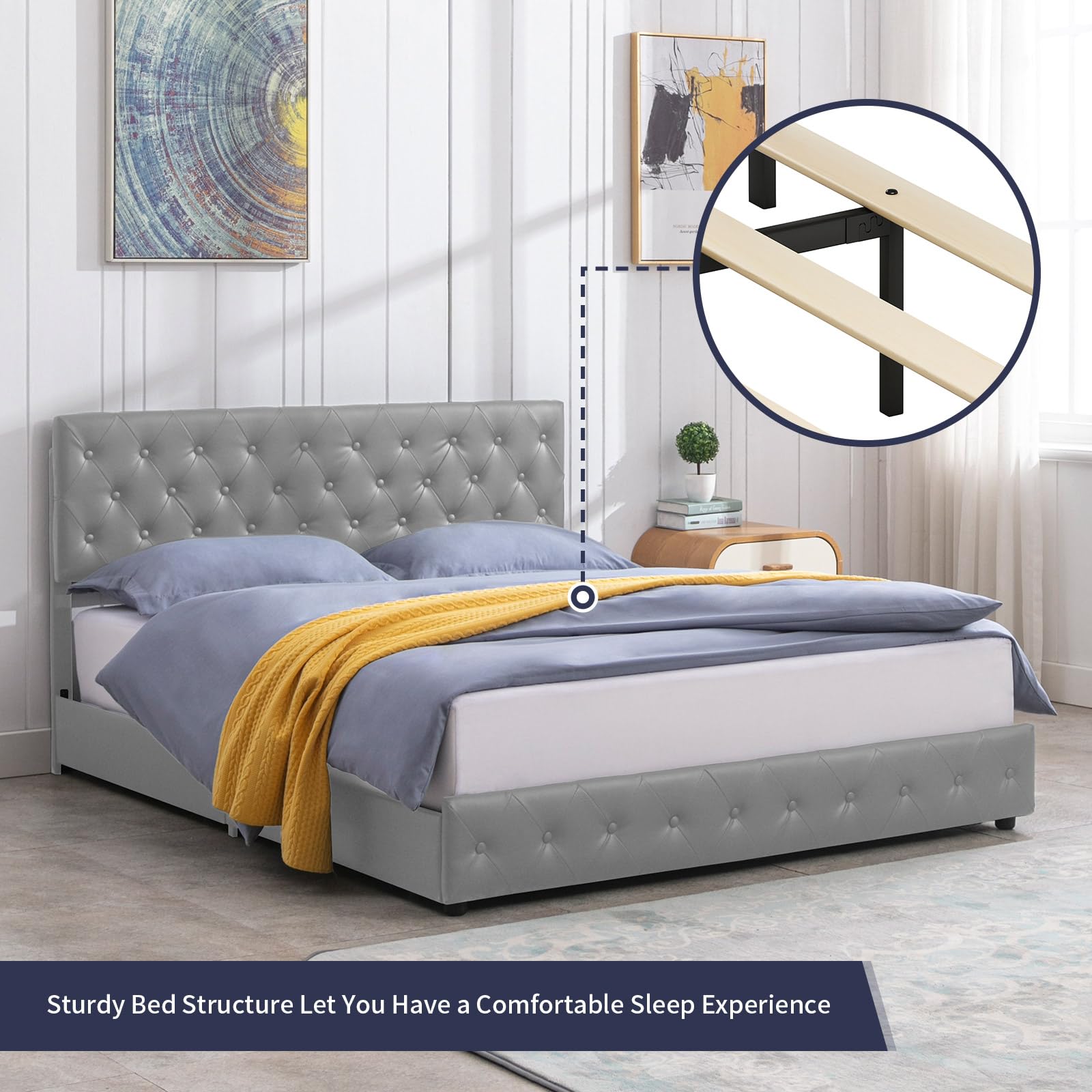 ijuicy PU California King Size Bed Frame, Platform Bed Frame w/Adjustable Headboard, 4 Storage Drawers and Wood Slats Support/No Box Spring Needed/Easy Assembly-Cal King, White