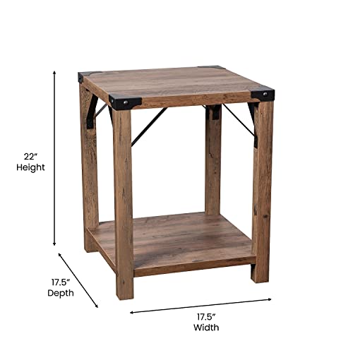 Flash Furniture Wyatt Modern Farmhouse 2 Tier Side Table - Rustic Oak Engineered Wood Frame - Black Metal Crisscross Side Braces and Corner Accents