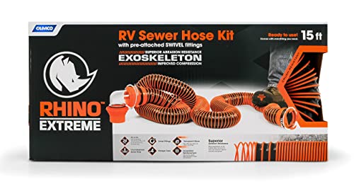 Camco RhinoEXTREME 15-Foot Camper/RV Sewer Hose Kit | Features TPE Technology for Abrasion Resistance and Crush Protection | Includes Pre-Attached Rhino Swivel Fittings (39861)