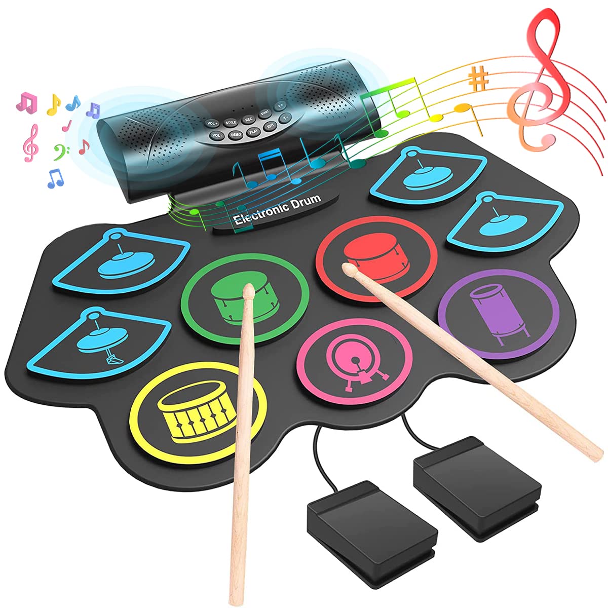 Forstree Electronic Drum Set(Cordless&Rechargeable), 9 Pads Roll-Up Digital Practice Drum Kit for Teens, Beginners, with Double Build-in Stereo Speaker, Drum Sticks, portable Gift for Kids, Christmas