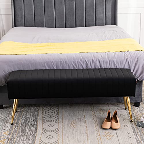 Furnimart 44 Inch Velvet Bench Ottoman Comfortable Footrest Stool Table Bench Dining Bench Tufting Bench Indoor Bench with Gold Legs for Living Room Bedroom Entryway (Velvet-Black)
