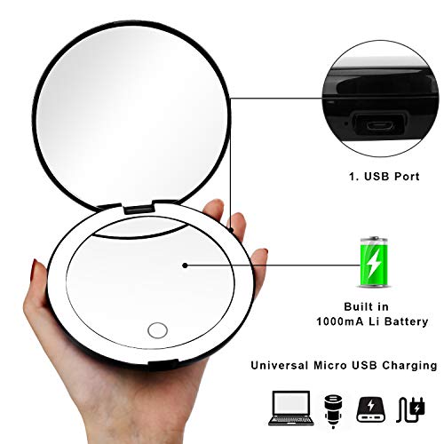 deweisn Folding Compact Rechargeable Lighted Makeup Mirror for Travel, Purse and Handbags1X and 10X Magnifying Handheld Makeup Mirror Diameter 5”x Thick 0.33" Double Side Mirror