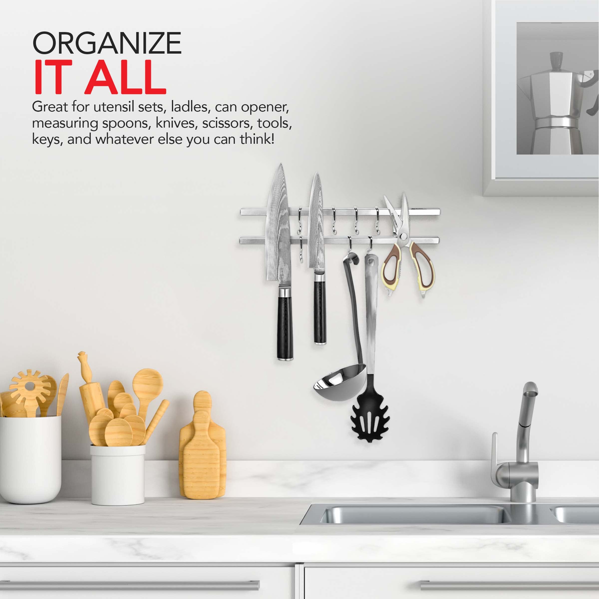 Modern Innovations (12 Inch) Stainless Steel Metal Magnetic Knife Holder, Wall Mount Double Bar with 8 Hooks - Multipurpose Knife Magnetic Strip, Utensil hanger, and Kitchen Storage Rack Magnet