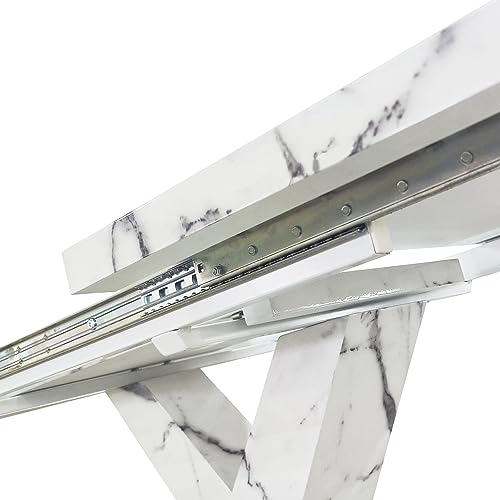 Modern Marble Top Dining Table, Extendable Marble Dining Table for 4-6, Expandable Dining Table with Faux Marble Top and Crossed Pedestal Base, Large Dining Table for Dining Room Kitchen (White)