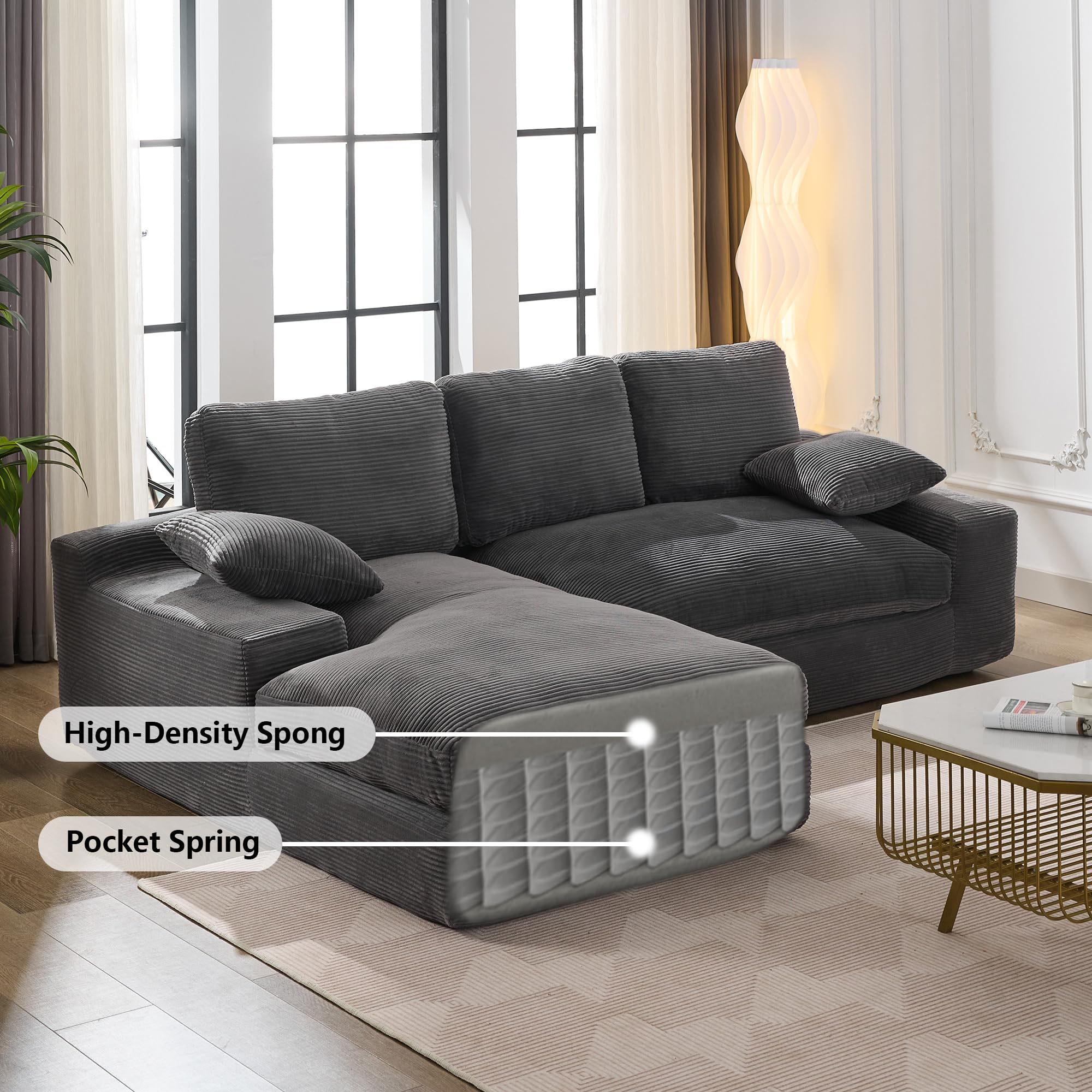 GNIXUU Corduroy Cloud sectional couches for Living Room, 98.4" Fluffy Large L Shaped Sofa with Deep Seat & Comfy Chaise, Upholstered Modular 3 Seat Couch Sleeper for Apartment, Studio, Office, Gray