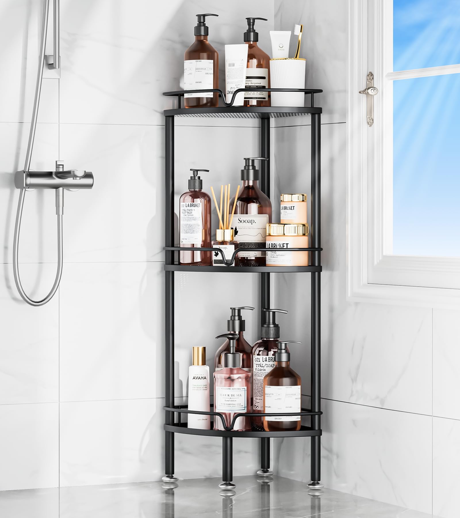 Corner Shower Caddy Free Standing, Stainless Steel Stand up Shower Organizer Shelf with Adjustable Feet, Floor Shower Storage Rack for Bathroom,Balcony Kitchen, 3 Tier Black