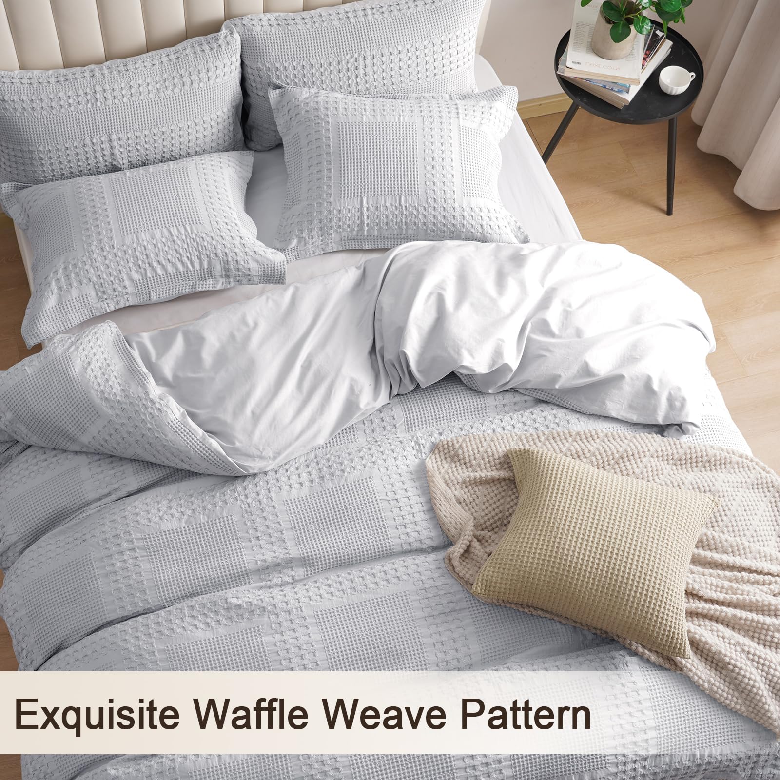 PHF 100% Cotton Waffle Duvet Cover Queen Size, 3 Pieces Soft Breathable Duvet Cover Set for All Season, Pre-Washed Decorative Textured Comforter Cover with 2 Pillow Shams, 90"x92", Light Grey