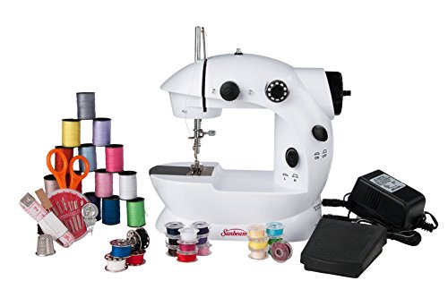 Sunbeam Mini Portable Sewing Machine AC Adapter Foot Pedal And Over 75 Piece Sewing Kit Included, Drop In Bobbin For Easy Set Up, Double Thread and Speed, Pre Threaded Ready To Use, Battery Operated As Well