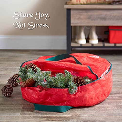Zober Christmas Wreath Storage Container - 30 Inch Wreath Bag for Artificial Wreaths - Dual Zippered Wreath Storage W/Strong, Durable Handles - Red