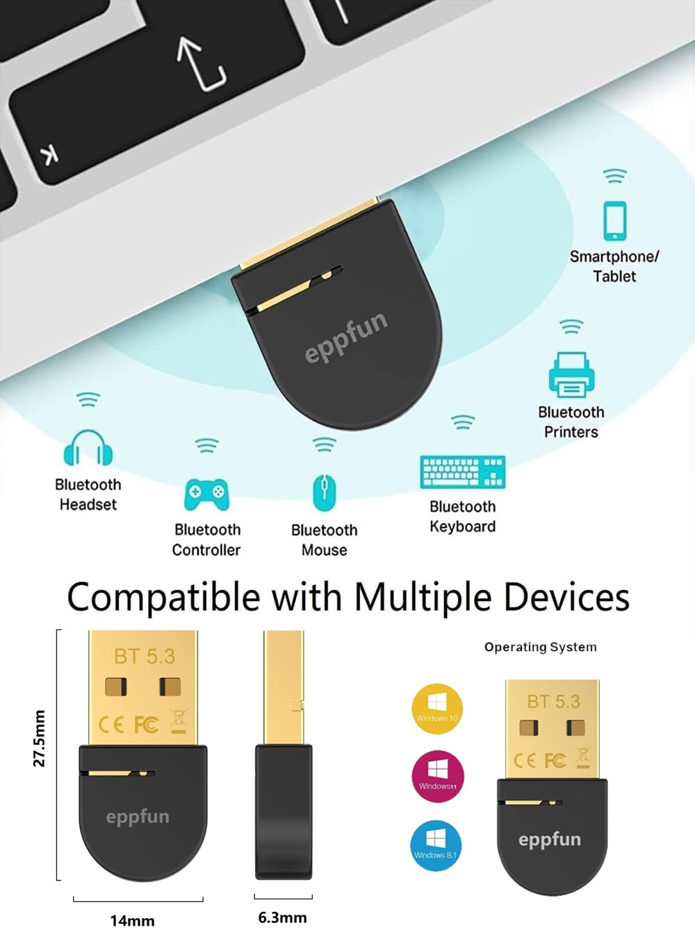 eppfun USB Bluetooth Adapter for PC Laptop Desktop, Bluetooth 5.3 Dongle Receiver, Wireless Audio Adapter, Support Windows 11/10/8.1, Compatible with Mouse Keyboard Headphones/Headsets Printers