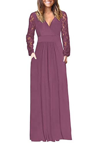 PYGFEMR Women's Lace Long Sleeve Maxi Dress V Neck Wrap Waist Maxi Dresses with Pockets 2022 New Mauve L