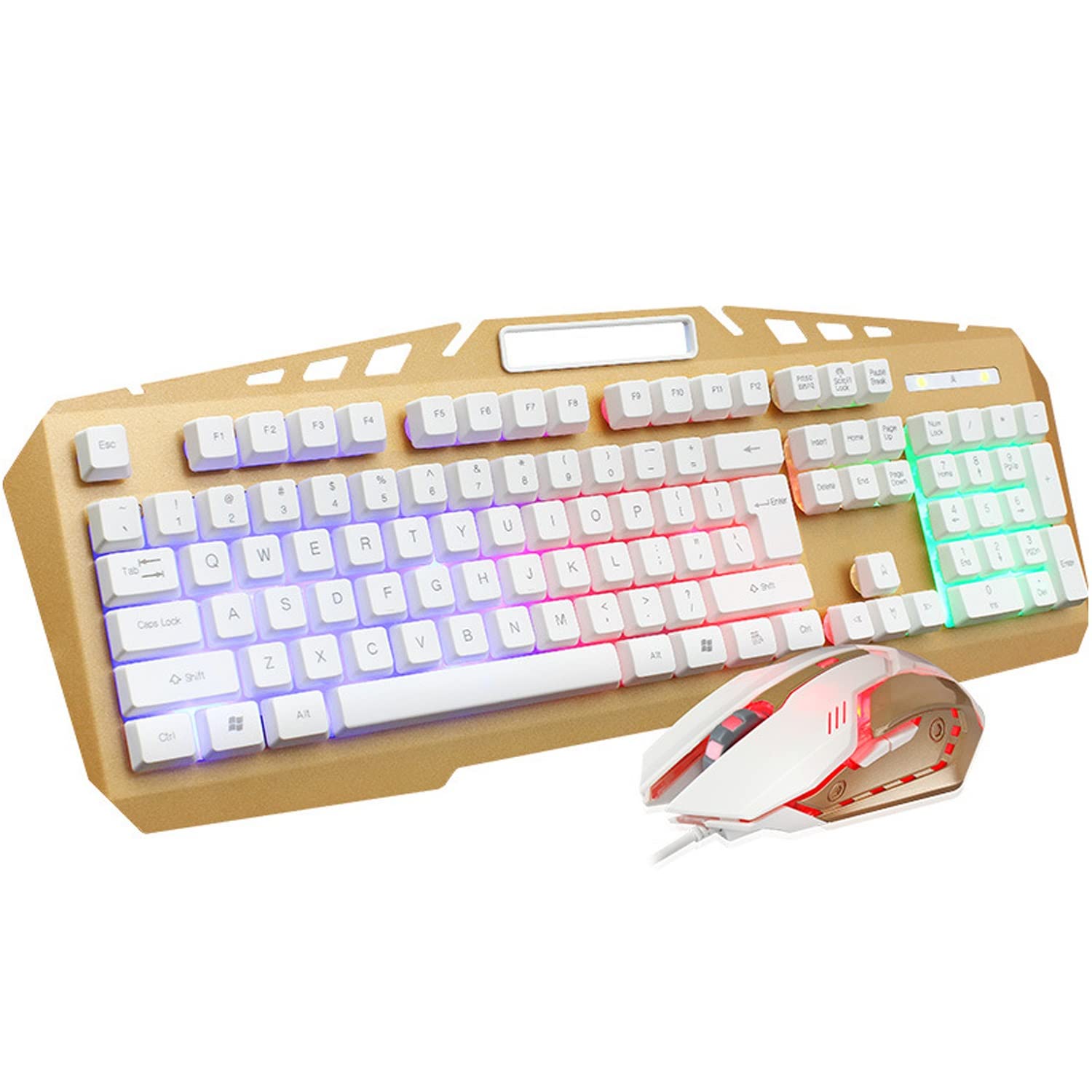 EXHNLE Gaming Keyboard and Mouse Combo LED Backlit Keyboard, 2400 DPI 6 Button Gaming Mouse, with 104 Key Computer PC Gaming Keyboard for PC/Laptop (Color : Gold)