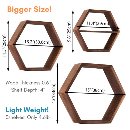 IZB HOME Hexagon Shelves Honeycomb Shelves - Hexagon Floating Shelves Set of 3 Hexagon Shelf, 3 Movable Mid Plates Included - Natural Torched Brown