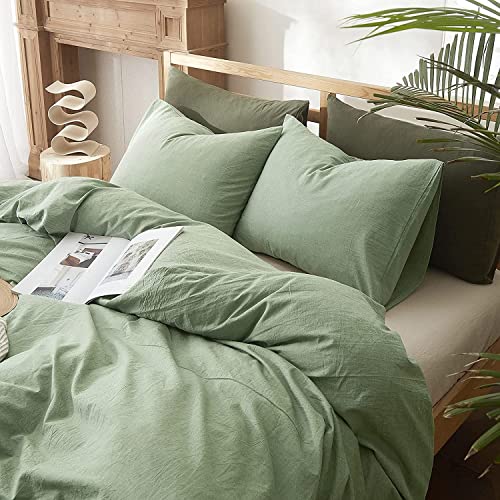 Modern Style Sage Green Duvet Cover Queen Size 100% Washed Cotton Light Green Bedding Sets Hotel Quality Solid Color Comforter Cover 1 Queen Duvet Cover with 2 Pillowcases Green Bedding Cover Set