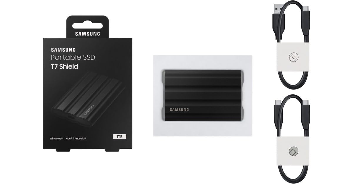 Samsung Portable SSD T7 Shield, 1TB, USB 3.2 Gen.2, 1050MB/s Read, 1000MB/s Write, Robust External Hard Drive Outdoor for Mac, PC and Smartphone, Black, MU-PE1T0S/EU