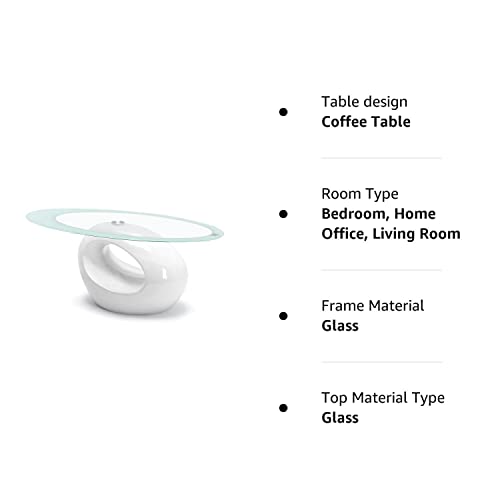Modern White Glass Coffee Table for Living Room, with Glass Top & Glossy Solid Base for Storage, Sofa Side Central Table, Oval Glass Table Set for Living Room, Sitting Room