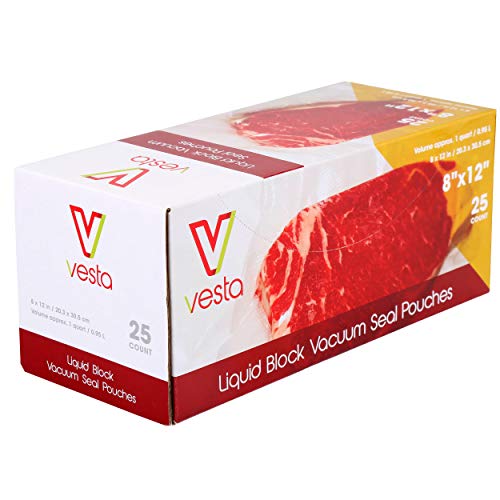 Vacuum Seal Pouches by Vesta Precision | Clear and Embossed Vacuum Sealer Bags | Liquid Block | 25 Vacuum Bags per Box (8x12)