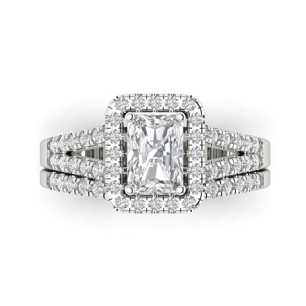 Clara Pucci 1.57ct Emerald Cut Genuine Zircon 14k White Gold Halo Solitaire W/Accents Wedding Bridal Engagement Set Ring Band Size 9