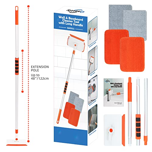 Qaestfy Wall & Baseboard Cleaner Mop Tool with 49'' Long Handle for Cleaning Window Floor Skirting Board Ceiling Bathtub Tub Tile Scrubber Brush Duster with 4 Reusable Pads