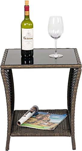 J-SUN-7 Patio Square Wicker Side Table - Set of 2 Outdoor Tempered Glass Top End Table with Storage for Patio Courtyard Balcony (Brown)