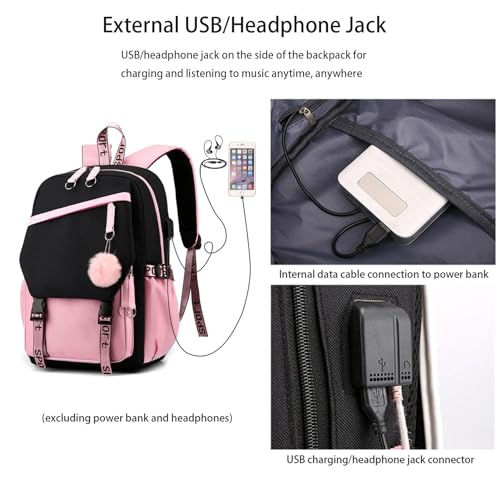 Cute Girls Student Backpack Fashion Laptop bag School Bookbag Travel Backpack with USB Charging Port and Headphone Port (Pink 1)