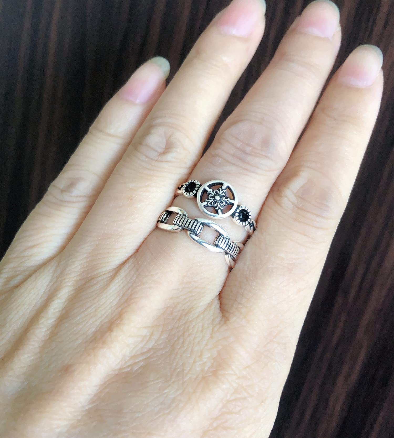 Ecooon 2pcs 925 sterling silver Celtic Knot Pentagram Pentacle star open ring Cuban curb link ring pack, adjustable Amulet protection jewelry gifts for women and men
