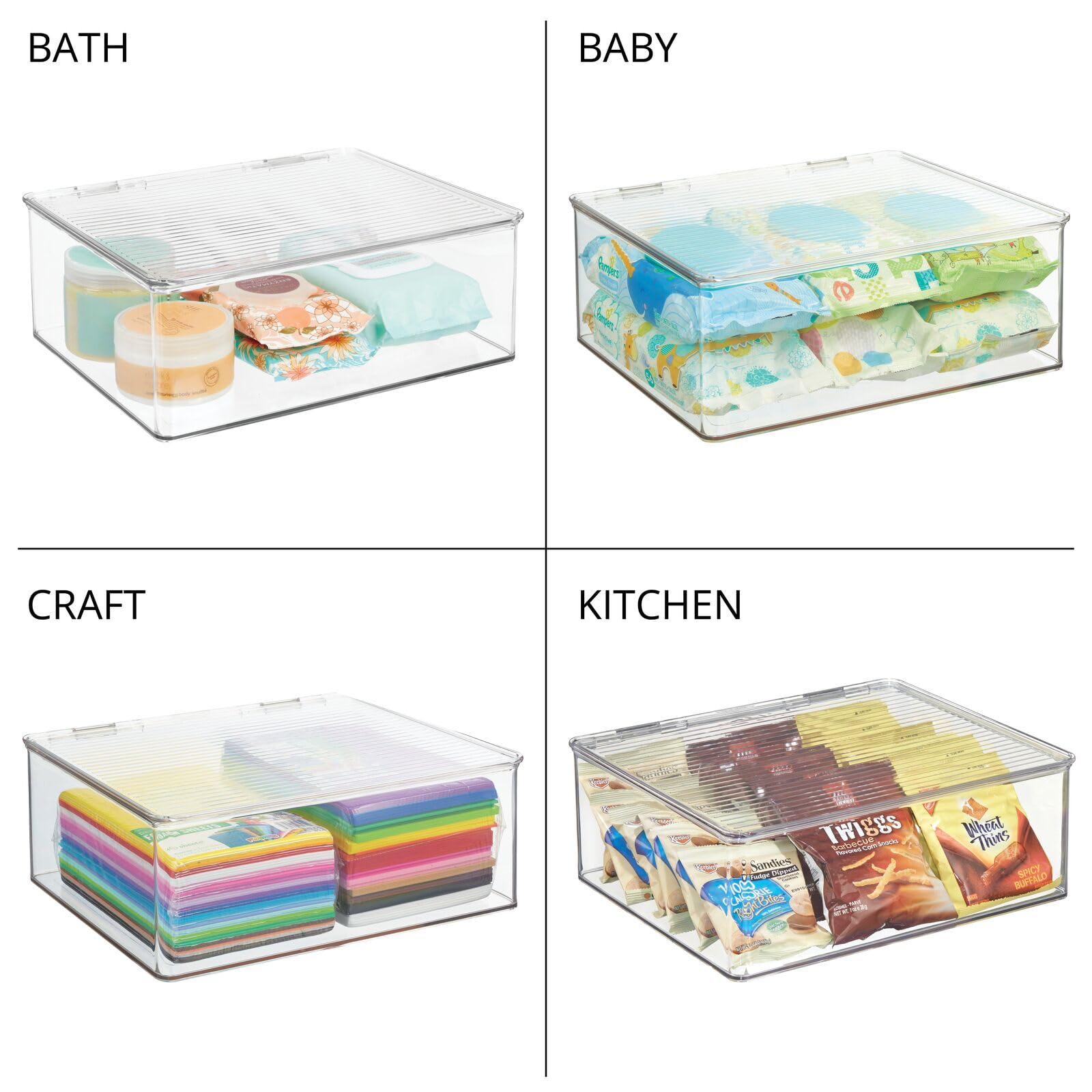 mDesign Plastic Stackable Rectangular Storage Bin, Drawer or Cabinet Organizer with Lid, Container Box for Organizing Electronics, Crayons, Puzzles, Games, Toys - Ligne Collection - 2 Pack - Clear