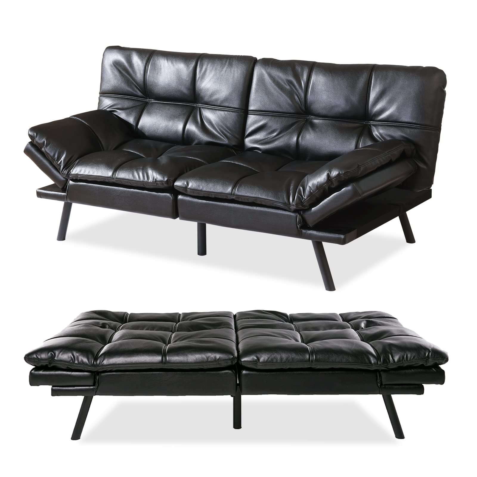 Erdoru Convertible Memory Foam Futon Sofa Bed Couch,Faux Leather Futon Sofa Couch,Sleeper Futons Sofa Bed,Small Splitback Modern Loveseat Sofa Bed for Living Room,Office,Apartment,Bright Black