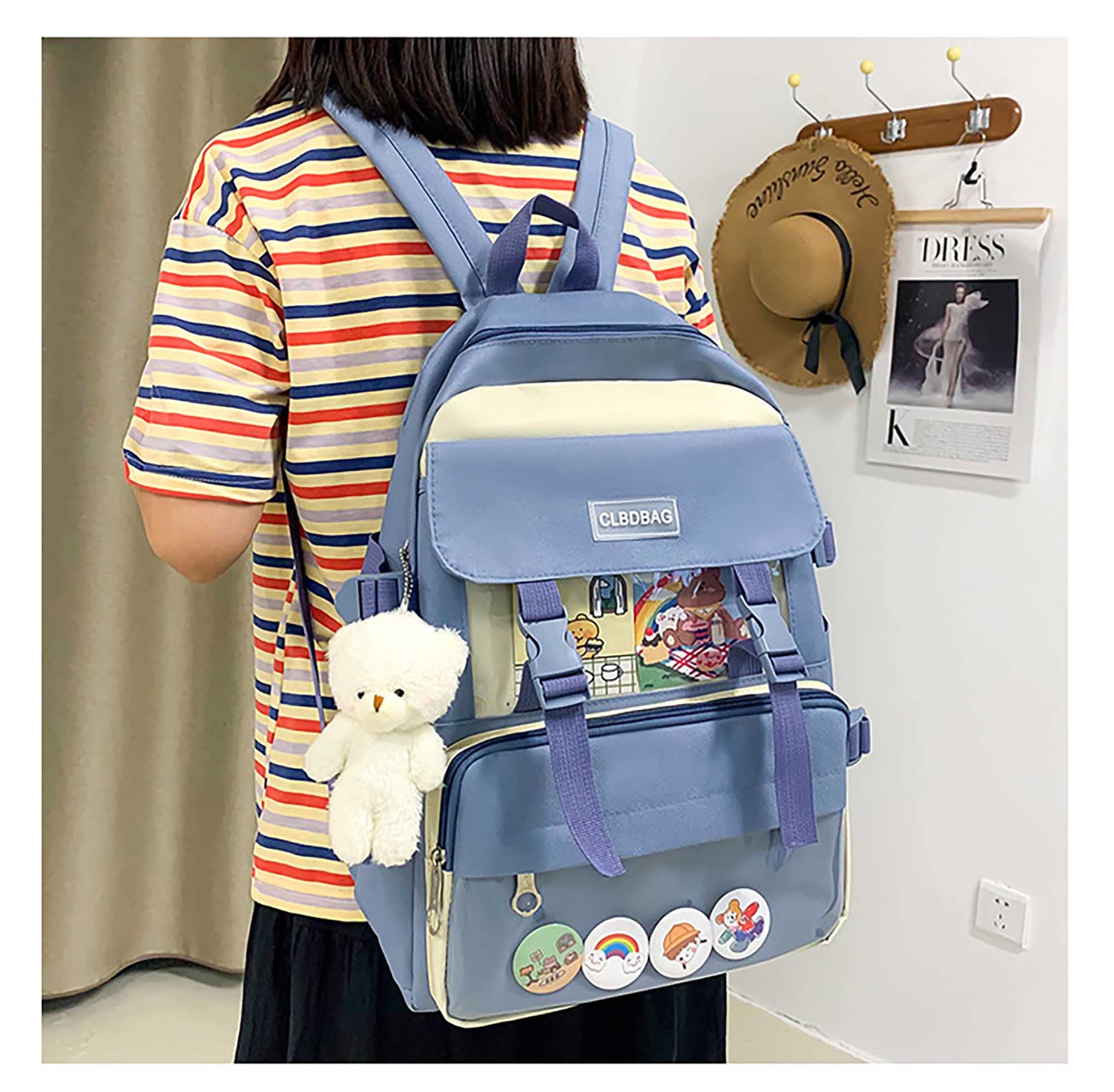 Cute Kawaii Backpack 4Pcs Canvas Backpack Give away bear pendant Pencil Pouch Shoulder Bag Lunch Bag for Girls Boys (Red)