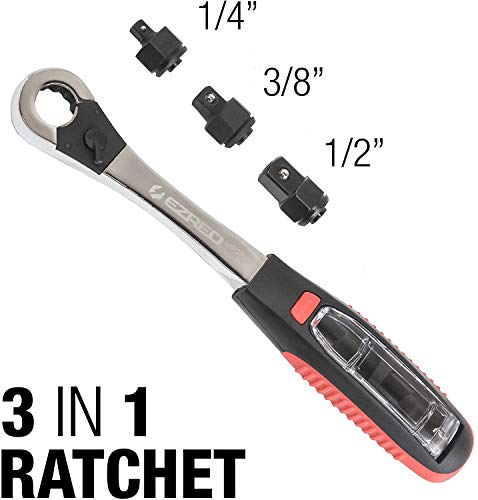 EZRED 3-in-1 Ratchet Set with 1/4, 3/8, 1/2-Inch Drive Heads with quick release and 72 teeth great for home DIY’ers and professionals