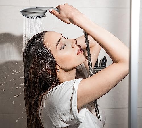 G-Promise High Pressure Shower Head 6 Spray Setting Hand Held Shower Heads with Adjustable Solid Brass Shower Arm Mount Extra Long Flexible Stainless Steel Hose(Brushed Nickel)