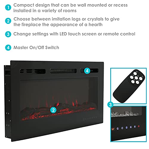 Sunnydaze Modern Flame 36-Inch Indoor Electric Fireplace - Wall-Mounted/Recessed Installation - 9 Flame Colors - Black