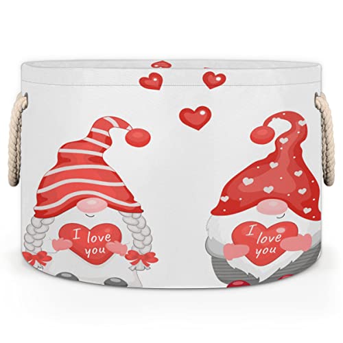 Valentine Cute Gnomes Love Heart (11) Large Round Baskets for Storage Laundry Baskets with Handles Blanket Storage Basket for Bathroom Shelves Bins for Organizing Nursery Hamper Girl Boy