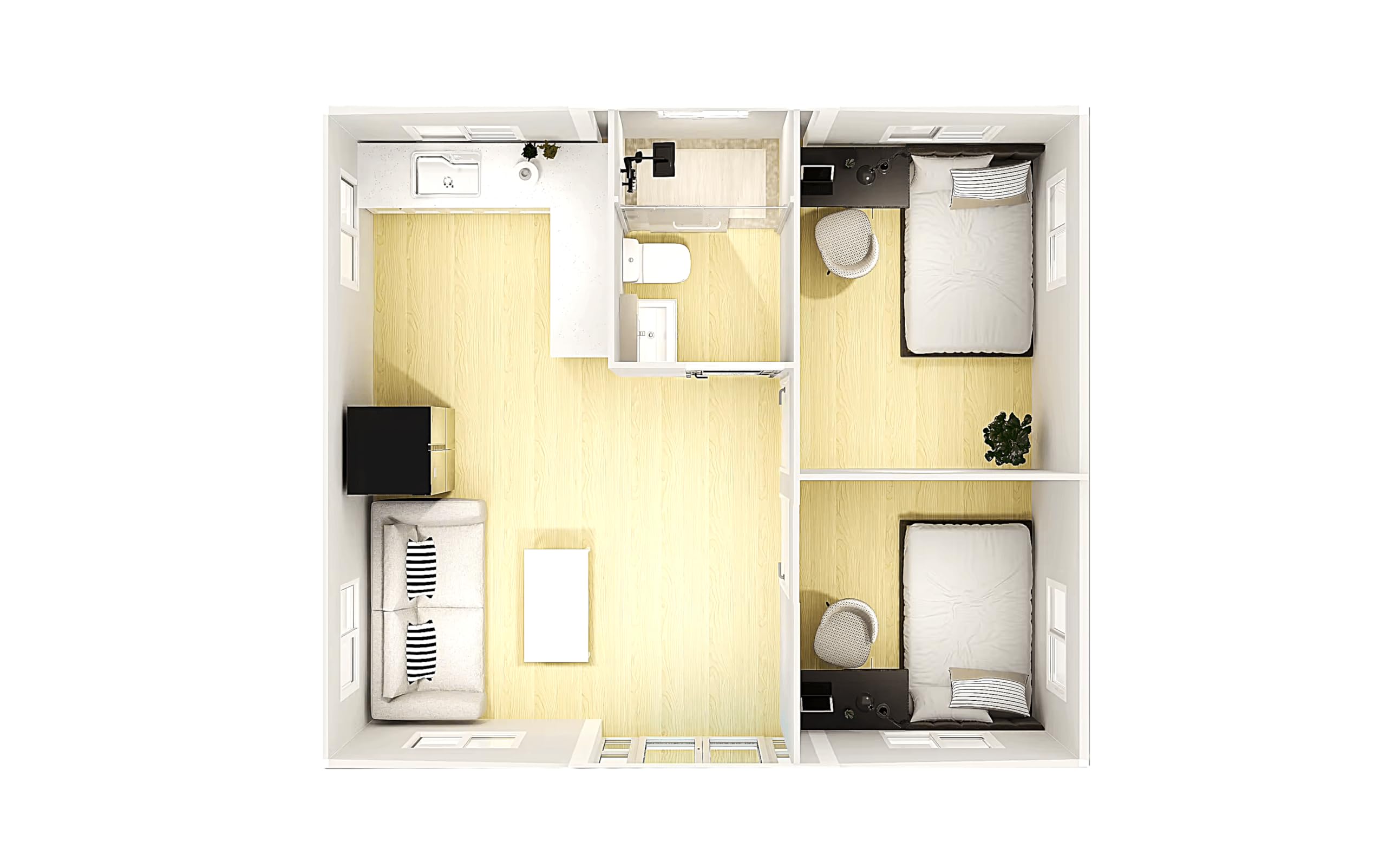 Generic Prime Manor 20 FT Luxury Easy to Assemble 2 Bedroom Modular Home with1Fully Equiped Bathroom and Kitchen Prefabricated Foldable/Expandable Mobile Home with Steel Frame, Wood Grained, Pwch1