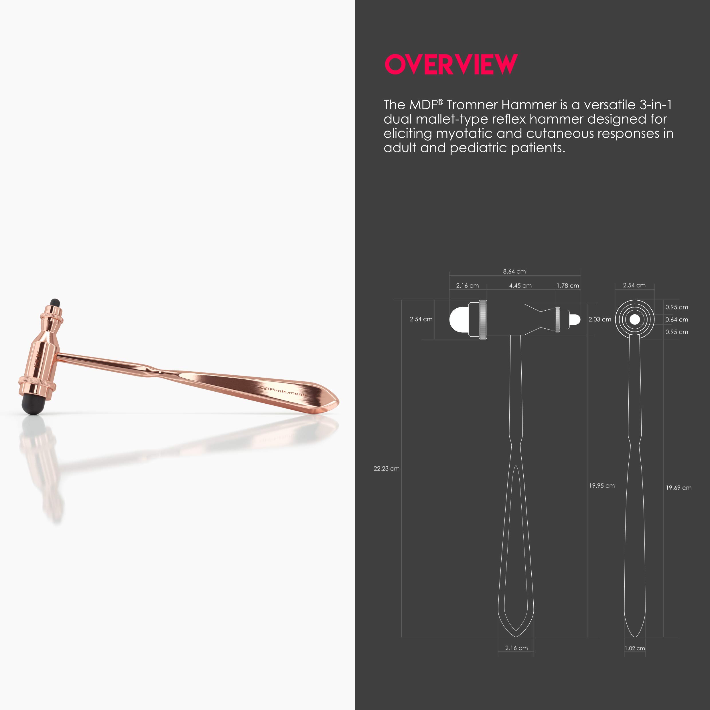 MDF Instruments, Rose Gold Tromner Neurological Reflex Hammer with Pointed Tip Handle for Cutaneous and Superficial Responses - Free-Parts-for-Life (MDF555) (Rose Gold/Black)
