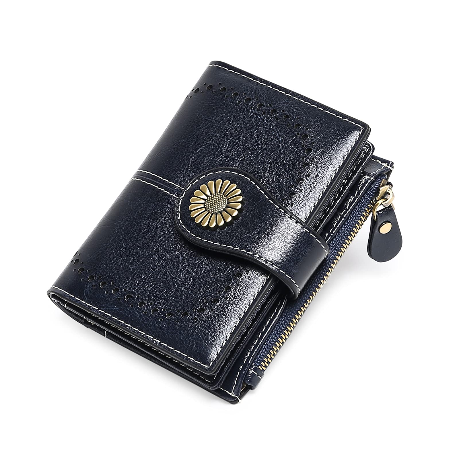 Wallets for Women Small Bifold RFID Blocking Genuine Leather Wallet Vintage Zipper Short Card Holder Ladies Purse Elegant Clutch with ID Window (Dark Blue)