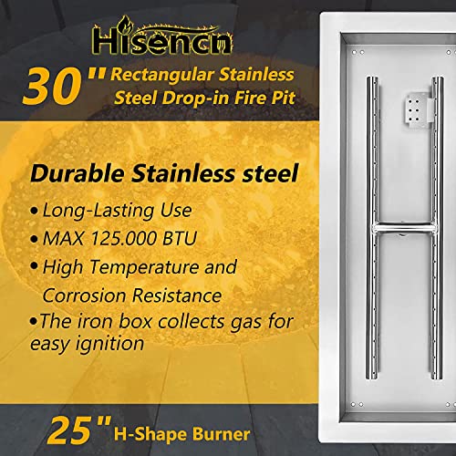 Hisencn Drop-in Fire Pit Kit 30 x 10 Inch, Fire Pit Insert H Burner with Spark Ignition and Propane Hose Kit for Propane Fire Pit, Fire Table Insert, Indoor or Outdoor Decorative Fireplace
