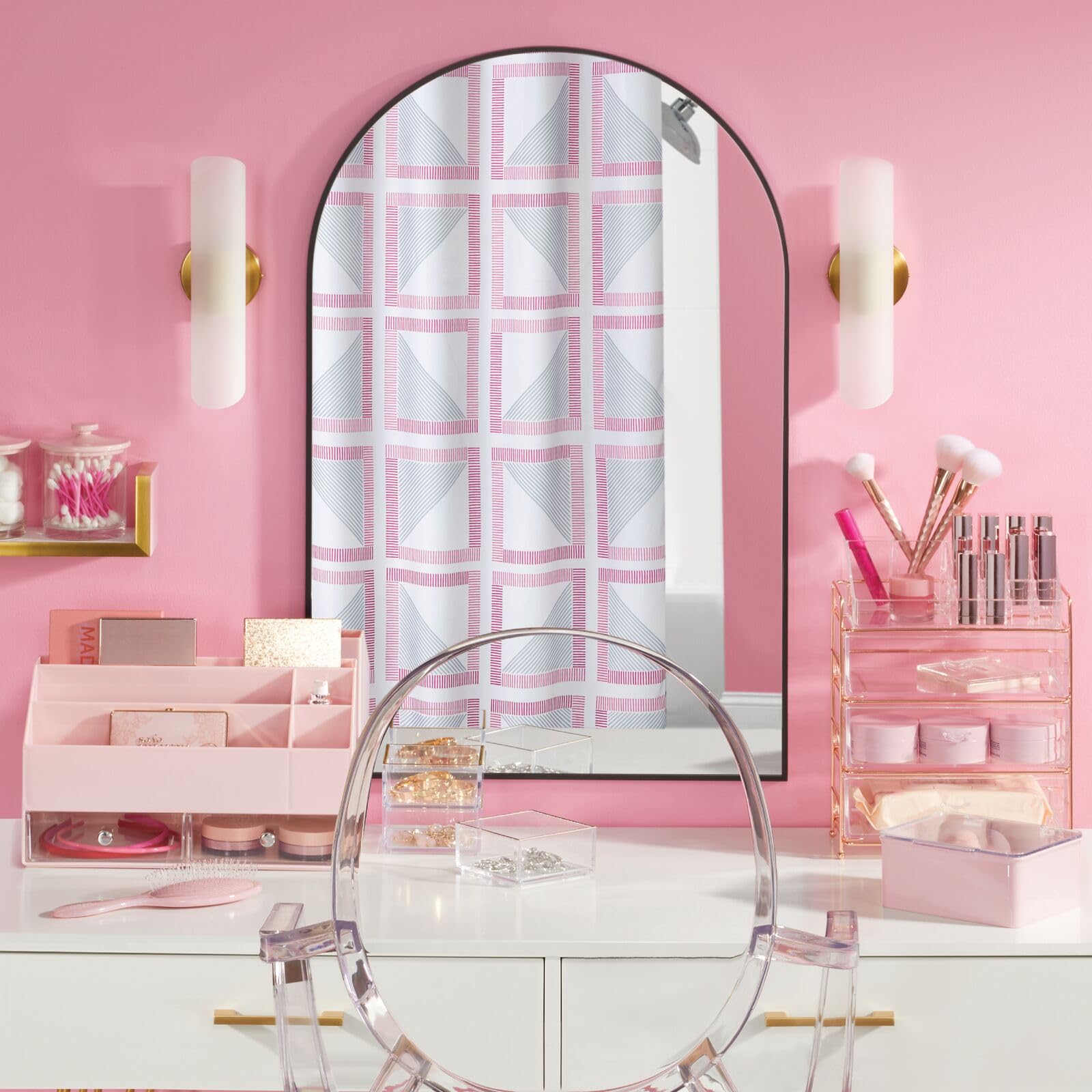 mDesign Small Modern Apothecary Storage Organizer Canister Jars - Acrylic Containers for Bathroom, Organization Holder for Vanity, Counter, Makeup Table, Lumiere Collection, 2 Pack, Clear/Light Pink