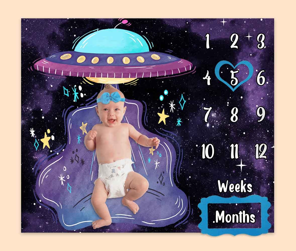 PHMOJEN Baby Monthly Milestone Blanket Fun Alien Spaceship Turquoise UFO Flying Saucer Age Blanket, Newborns 1 to 12 Months Unisex Include 4 Frames and 1 Headband 48"x40" BTLSPH729