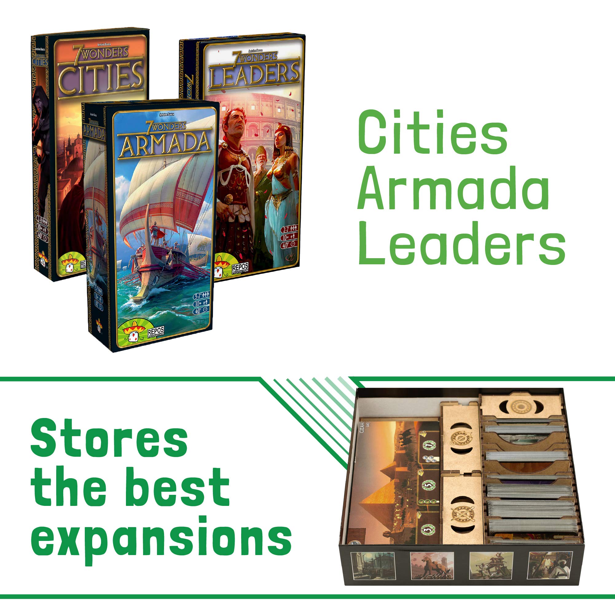 TowerRex Board Game Organizer for 7 Wonders board game box 1st Ed, 7 Wonders Cities expansion, 7 Wonders Armada expansion, 7 Wonders Leaders, 7Wonders game organizer insert storage kit accessories