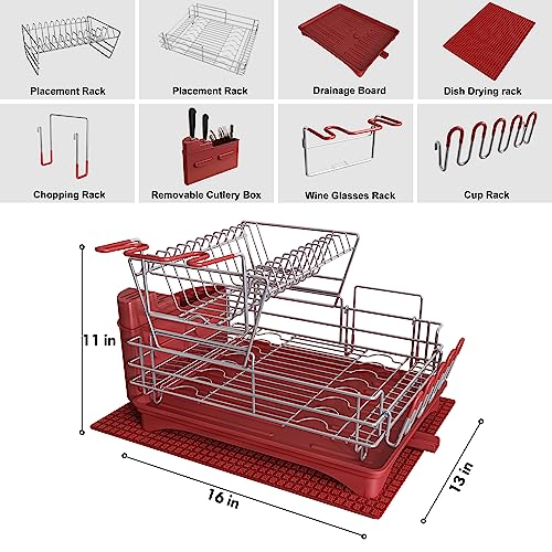 Qienrrae Large Dish Drying Rack with Drainboard Set, Stainless Steel Dish Rack with Drainage, Wine Glass Holder, Utensil Holder and Extra Dryer Mat, 2 Tier Dishes Rack for Kitchen Counter, Red