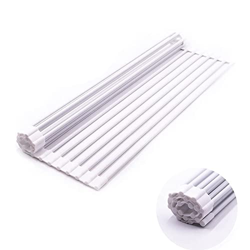 ZOIMINU Dish Drainer, White Roll Up Dish Drying Rack, Over Sink Drying Rack with Silicone-Coated, Heat-Resistant Anti-Slip Dry Rack for Dishes Cups Fruits Vegetables - 17" x 13.1"