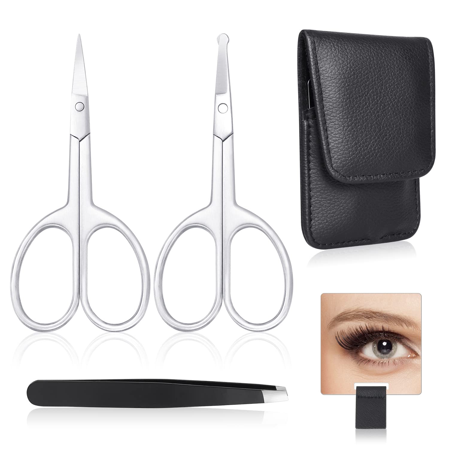 Nose Hair Scissors, Ear Hair Facial Hair Scissors, Eyebrow Grooming Scissors, Stainless Steel Small Beauty Trimming Scissors, Curved and Rounded Scissors, Mirror, Travel Case, Tweezer, Men and Women