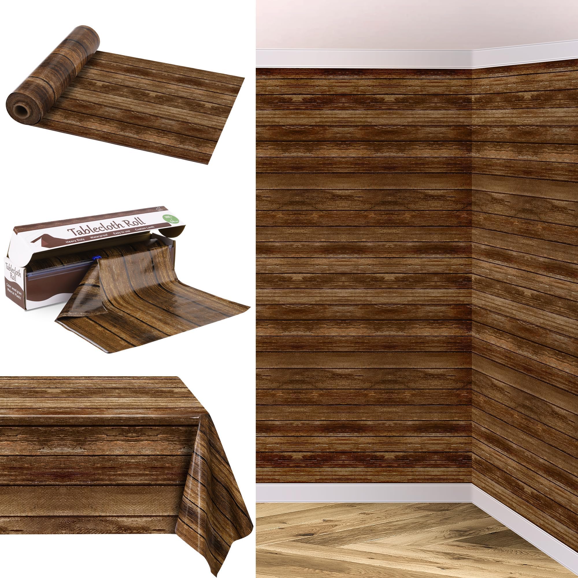 HOBBY HORSE 100 Ft x 54 Inch Wood Grain Tablecloth Roll in Slide Cutter Box Disposable Rustic Backdrop Vintage Table Cover Western Themed Bulletin Board Plastic Roll for Barn Birthday Classroom Decor