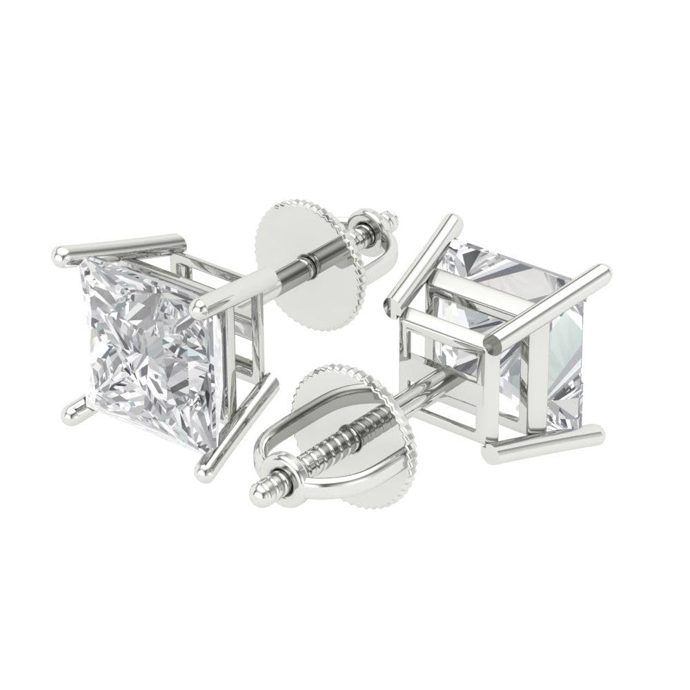Clara Pucci 2.0 ct Princess Cut Conflict Free Solitaire Fine Genuine Moissanite Anniversary Stud Earrings 14k White Gold Screw Back