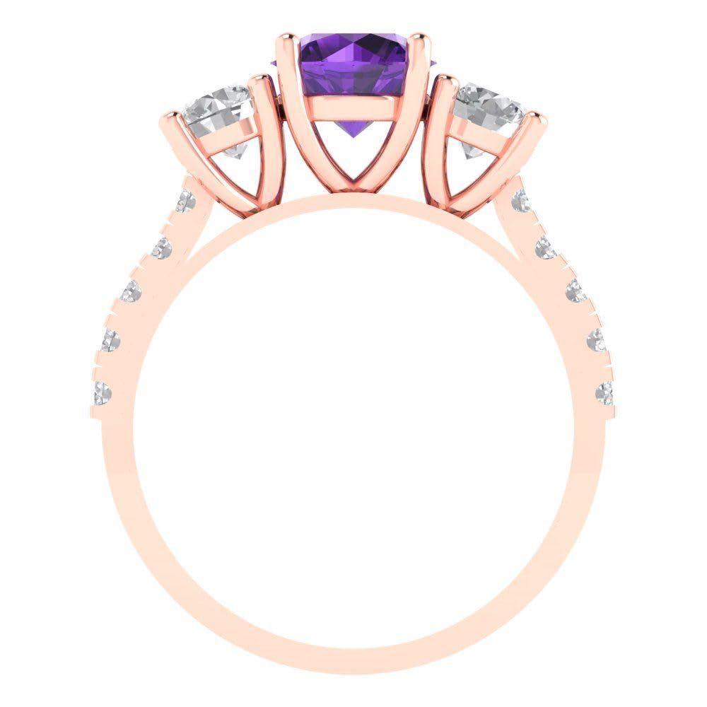 Clara Pucci 2 ct Round Cut Solitaire 3 stone accent Natural Amethyst gemstone Designer Anniversary Bridal Engagement Ring 14k Rose Gold